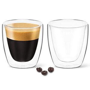 dlux espresso coffee cups 3oz, double wall, clear glass set of 2 glasses, insulated borosilicate glassware tea cup mug