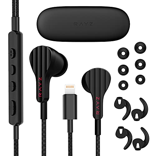 RAYZ Smart Lightning Headphones Earphones –Tangle-Free Wired Earbuds with Microphone and Volume Control Compatible with iPhone 11 Pro Max X/XS Max/XR 8/P 7/P – Customizable via App (Black)