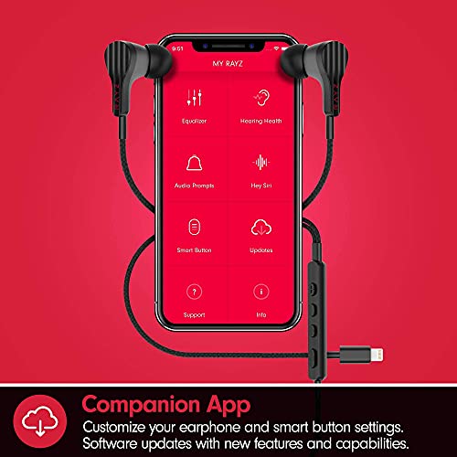 RAYZ Smart Lightning Headphones Earphones –Tangle-Free Wired Earbuds with Microphone and Volume Control Compatible with iPhone 11 Pro Max X/XS Max/XR 8/P 7/P – Customizable via App (Black)