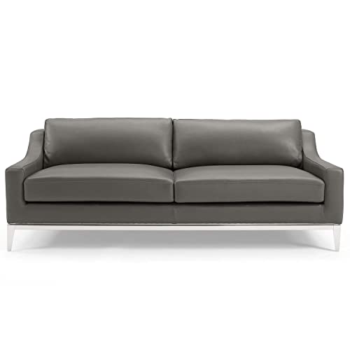 Modway Harness 83.5" Leather Sofa in Gray with Stainless Steel Base