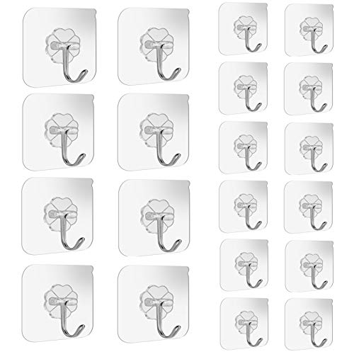 ONESWI Adhesive Wall Hooks 15lb(Max) Transparent Reusable Traceless Hooks,Waterproof and Oilproof,Bathroom Kitchen Heavy Duty Self Adhesive Hooks,20 Packs