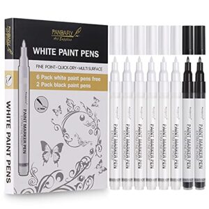 pandafly white paint pens, 8 pack 0.7mm acrylic permanent marker 6 white with 2 black paint pens for wood rock plastic leather glass stone metal canvas ceramic, extra fine point opaque ink