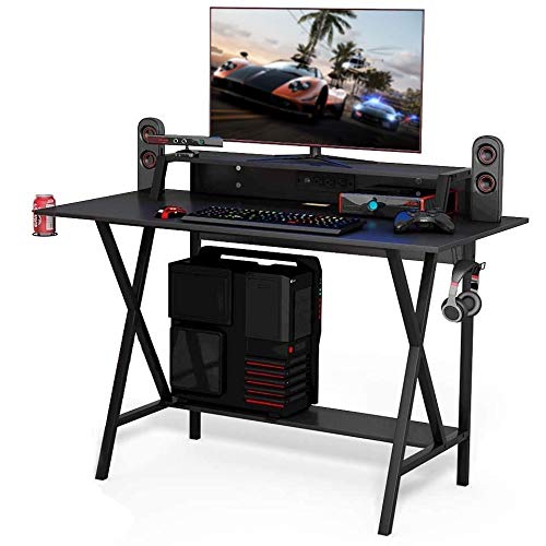 HAPPYGRILL Gaming Desk Home Computer Desk with Cup Holder & Headphone Hook, Professional Gaming Table Gamer Workstation with Built-in Wire-Management