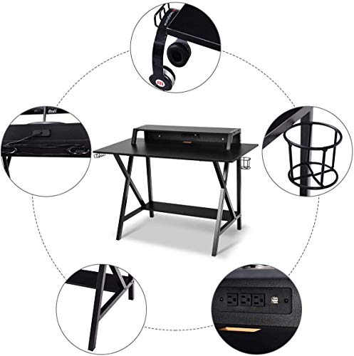 HAPPYGRILL Gaming Desk Home Computer Desk with Cup Holder & Headphone Hook, Professional Gaming Table Gamer Workstation with Built-in Wire-Management