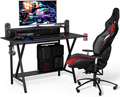 HAPPYGRILL Gaming Desk Home Computer Desk with Cup Holder & Headphone Hook, Professional Gaming Table Gamer Workstation with Built-in Wire-Management