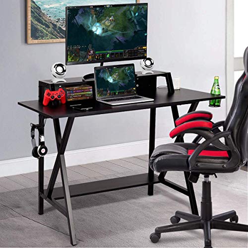 HAPPYGRILL Gaming Desk Home Computer Desk with Cup Holder & Headphone Hook, Professional Gaming Table Gamer Workstation with Built-in Wire-Management