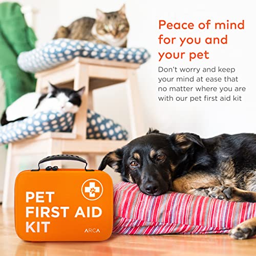 ARCA PET Cat & Dog First Aid Kit Home Office Travel Car Emergency Kit Pet Travel Kit – 100 Pieces with Emergency Collar and Pet Thermometer & Mini Pouch (Neon Orange)