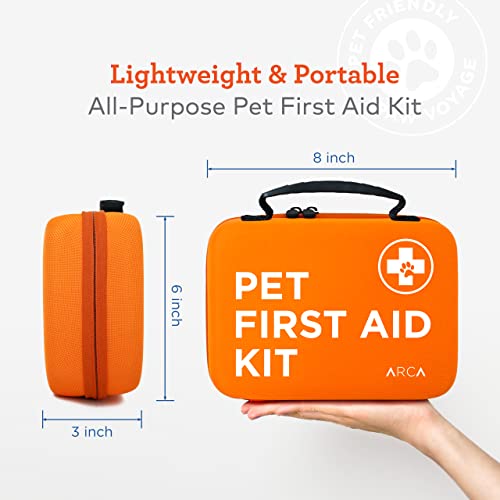 ARCA PET Cat & Dog First Aid Kit Home Office Travel Car Emergency Kit Pet Travel Kit – 100 Pieces with Emergency Collar and Pet Thermometer & Mini Pouch (Neon Orange)