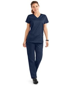 strictly scrubs stretch women’s four way stretch scrub set – includes v-neck top and pant (medium petite, navy)