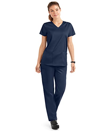 Strictly Scrubs Stretch Women’s Four Way Stretch Scrub Set – Includes V-Neck Top and Pant (Medium Petite, Navy)