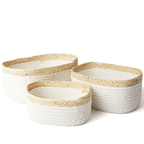 Rope Woven Storage Baskets Set of 3 - Small Rope Baskets for Shelves Bathroom, Durable Nursery Baskets Organizer Bins for Baby Toys, Cotton with Corn Skin Design