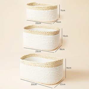 Rope Woven Storage Baskets Set of 3 - Small Rope Baskets for Shelves Bathroom, Durable Nursery Baskets Organizer Bins for Baby Toys, Cotton with Corn Skin Design