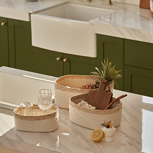 Rope Woven Storage Baskets Set of 3 - Small Rope Baskets for Shelves Bathroom, Durable Nursery Baskets Organizer Bins for Baby Toys, Cotton with Corn Skin Design