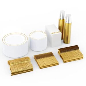 700 count gold dinnerware set-200 plastic plates- 300 gold plastic silverware-100 gold plastic cups-100 disposable hand towel- disposable gold dinnerware set for halloween, christmas, thanksgiving