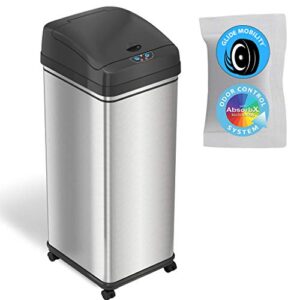 itouchless glide 13 gallon pet-proof sensor trash can with wheels and odor control system, stainless steel