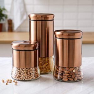 Whole Housewares | Glass Canisters | Spice Jars | Bronze Cover and Lid | Set of 3 Canisters for Kitchen Organization | Food Storage containers (28/38/50oz)