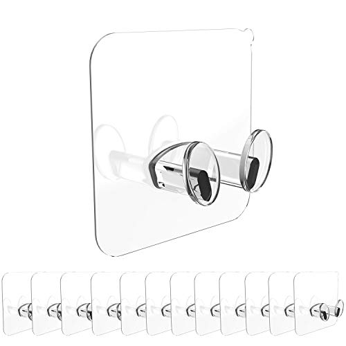 Strong Adhesive Plug Hooks Without Nails Multi Purpose Transparent Plastic Hooks Waterproof and Oilproof for Kitchen, Bathroom, Office, Phone, Towel, Robe, etc. Best for Smooth Surface (12 pcs)