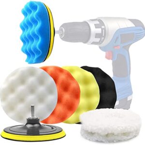 6 Inch Car Polishing & Buffing Sponge Pads Kit Wool Bonnet Pads for Household Electric Drill and Auto Polisher with 8mm M14 Drill Adapter for Washing Cleaning Waxing Dusting, 11PCS