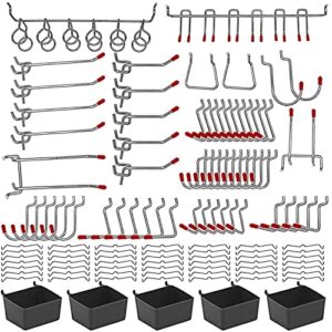 114 pcs pegboard hooks assortment with metal hooks sets, pegboard bins, peg locks for organizing storage system tools