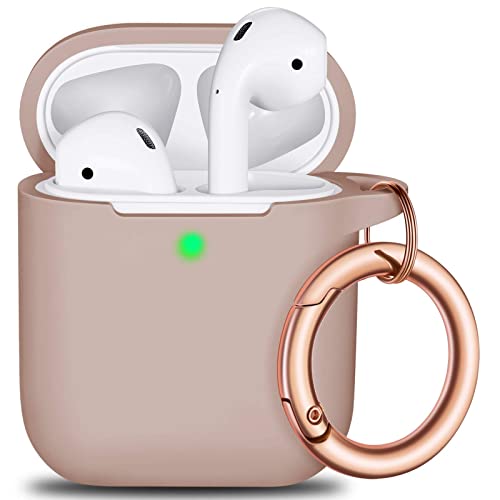 R-fun AirPods Case Cover with Rosegold Keychain, Silicone Protective Skin Cover for Women Girl with Apple AirPods Series 2 & Series 1 Charging Case,Front LED Visible-Milk Tea