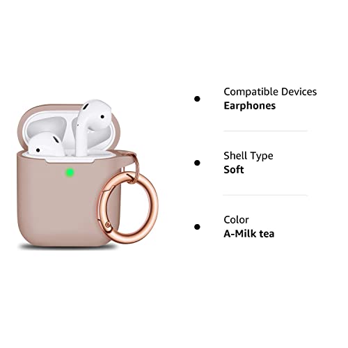 R-fun AirPods Case Cover with Rosegold Keychain, Silicone Protective Skin Cover for Women Girl with Apple AirPods Series 2 & Series 1 Charging Case,Front LED Visible-Milk Tea