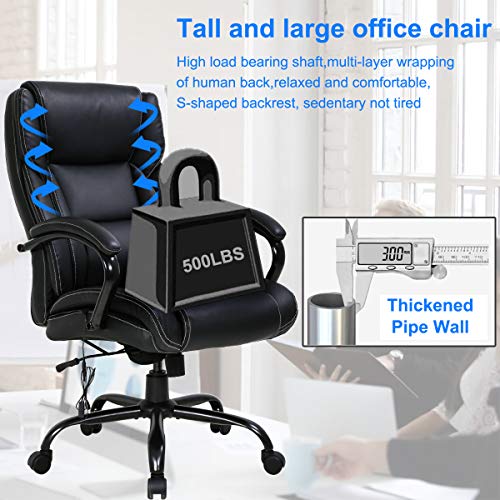 Big & Tall Heavy Duty Executive Chair 500 Lbs Heavyweight Rated Black PU Leather Task Rolling Swivel Ergonomic Executive Office Chair with Massage Lumbar Support Armrest