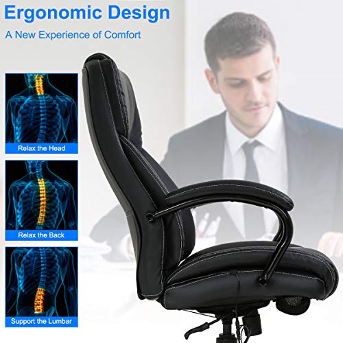 Big & Tall Heavy Duty Executive Chair 500 Lbs Heavyweight Rated Black PU Leather Task Rolling Swivel Ergonomic Executive Office Chair with Massage Lumbar Support Armrest