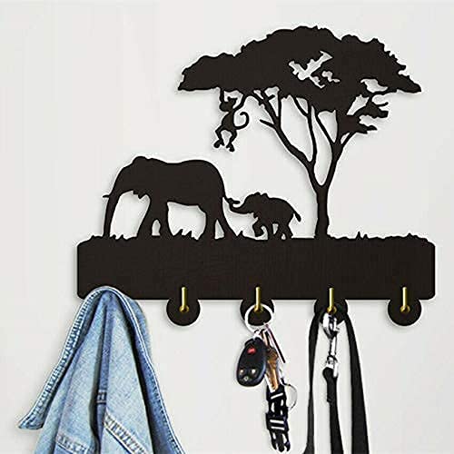 Elephant Family Wall Hanger Household Wall Mounted 5 Hooks Multi-purpose Wall Hook Coat Keys Bags Hanger Wood Coat Wall Key Holder Key Hanger for Wall Entryway and Kitchen -Unigue Wall Decor As A Gift