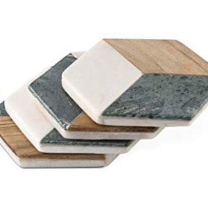 GoCraft Hexagon Geometric Coasters | Handcrafted Geometric Coasters with Green for Your Drinks, Beverages & Wine/Bar Glasses | Green Marble & Wood Inlay on White Marble Base (Set of 4)