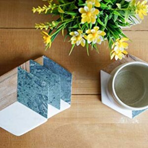 GoCraft Hexagon Geometric Coasters | Handcrafted Geometric Coasters with Green for Your Drinks, Beverages & Wine/Bar Glasses | Green Marble & Wood Inlay on White Marble Base (Set of 4)