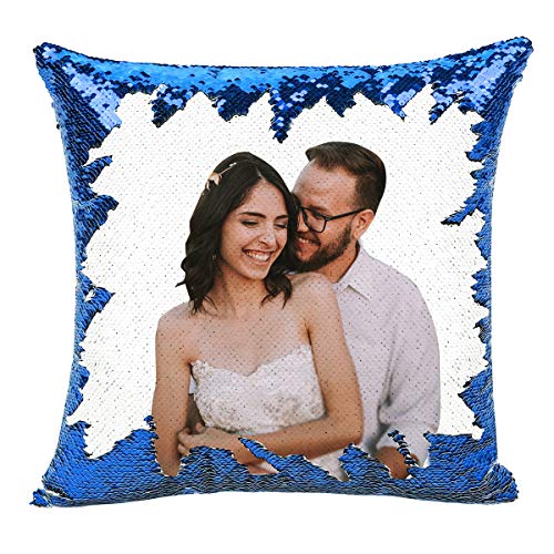 Custom Pillow, 16"x16"Personalized Custom Photo Sequin Pillow with Your Photos(Including Pillow Insertion) - Wedding Keepsake Pillow Magic Reversible Home Decor Personalized Customized Gifts (Blue)