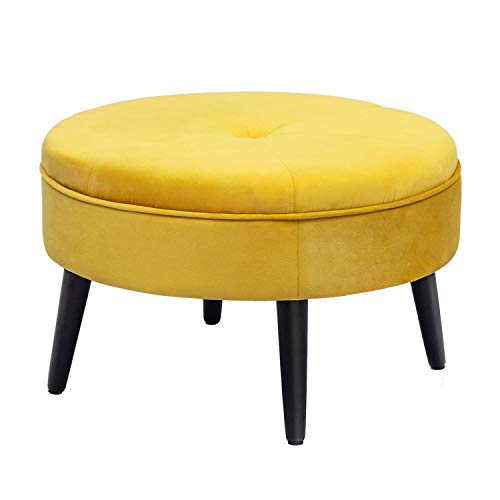 Homebeez 23" Round Velvet Footrest Stool, Upholstered Ottoman Coffee Table, Button Tufted Padded Foot Stools with Solid Wood Legs, Glassy Yellow