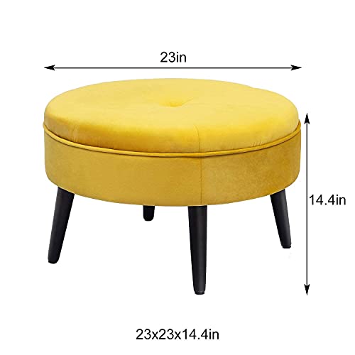 Homebeez 23" Round Velvet Footrest Stool, Upholstered Ottoman Coffee Table, Button Tufted Padded Foot Stools with Solid Wood Legs, Glassy Yellow