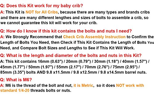 Baby Crib Screws and Bolts Replacement Parts Kit - M6 Baby Bed Crib Bolts and Barrel Nuts Set for Crib Furniture Bed Cot Bunk 16mm 20mm 30mm 40mm 45mm 50mm 55mm 70mm 75mm 85mm Crib Screws Bolts