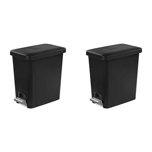 Sterilite 2.7 Gallon Rectangular StepOn Wastebasket, Small, Black lid and base with Titanium pedal and Liner