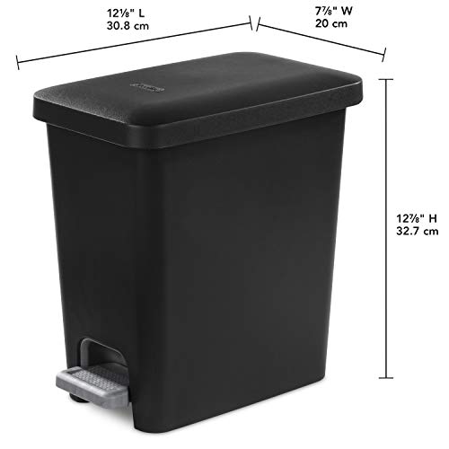 Sterilite 2.7 Gallon Rectangular StepOn Wastebasket, Small, Black lid and base with Titanium pedal and Liner