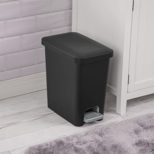 Sterilite 2.7 Gallon Rectangular StepOn Wastebasket, Small, Black lid and base with Titanium pedal and Liner