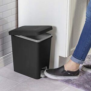 Sterilite 2.7 Gallon Rectangular StepOn Wastebasket, Small, Black lid and base with Titanium pedal and Liner