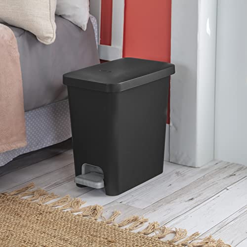 Sterilite 2.7 Gallon Rectangular StepOn Wastebasket, Small, Black lid and base with Titanium pedal and Liner