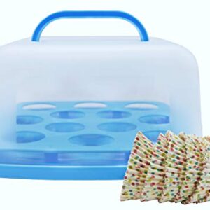 Cynergee Square Portable Cake, Pie, Cupcake, Muffin Carrier with Locking Lid and Collapsible Handles, Includes 50 All Occasion Paper Cupcake Liners, Blue