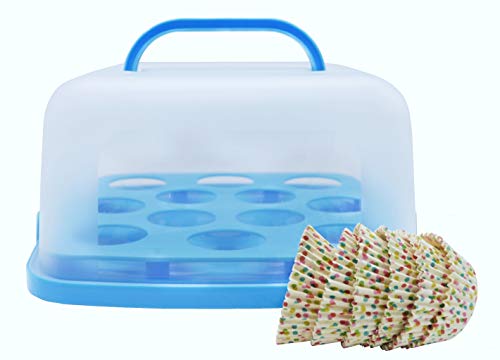 Cynergee Square Portable Cake, Pie, Cupcake, Muffin Carrier with Locking Lid and Collapsible Handles, Includes 50 All Occasion Paper Cupcake Liners, Blue