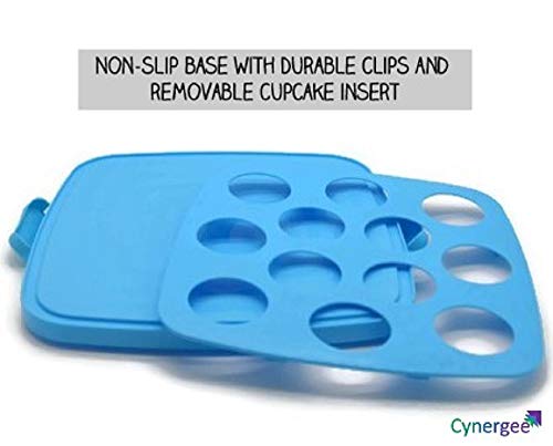 Cynergee Square Portable Cake, Pie, Cupcake, Muffin Carrier with Locking Lid and Collapsible Handles, Includes 50 All Occasion Paper Cupcake Liners, Blue