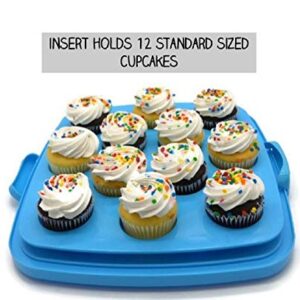 Cynergee Square Portable Cake, Pie, Cupcake, Muffin Carrier with Locking Lid and Collapsible Handles, Includes 50 All Occasion Paper Cupcake Liners, Blue