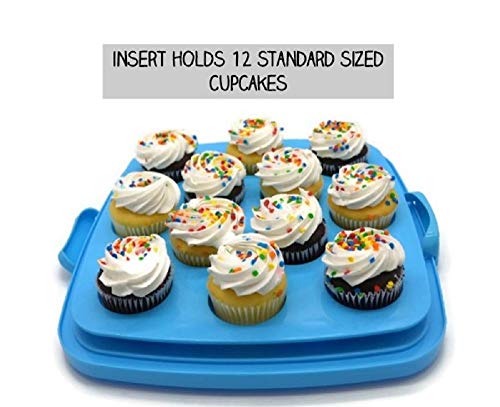 Cynergee Square Portable Cake, Pie, Cupcake, Muffin Carrier with Locking Lid and Collapsible Handles, Includes 50 All Occasion Paper Cupcake Liners, Blue