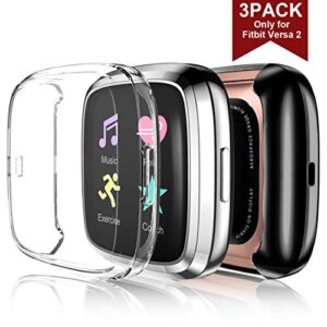 Maledan Screen Protector Case Compatible with Fitbit Versa 2 Smartwatch, 3 Pack Full Protective Case Cover Scratch Resistant Shock Absorbing for Versa 2 Accessories, Clear/Black/Silver