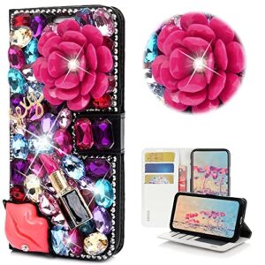 stenes bling wallet phone case compatible with samsung galaxy note 10 plus - stylish - 3d handmade crystal rose sexy lips lipstick magnetic wallet leather cover with neck strap lanyard [3 pack] - red