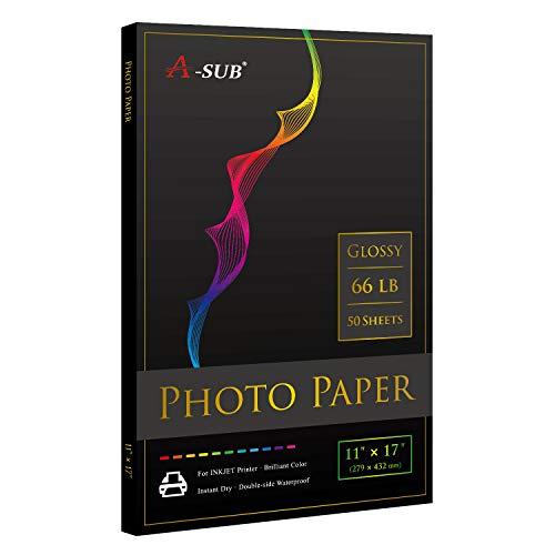 A-SUB Premium Photo Paper High Glossy 11x17 Inch 66lb for Inkjet Printers 50 Sheets