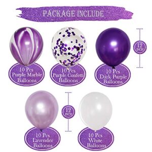 50 Pcs 12 Inches Purple and White Balloons, Purple Confetti Balloons, Purple and Lavender Balloons, Helium Balloons for Wedding Birthday Party Decorations Balloon Garland Arch Purple Theme Graduation