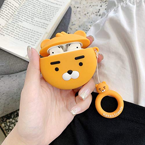 Thick Soft Silicone Lion Case with Finger Strap for Apple Airpods 1 2 Wireless Earbuds Yellow Ryan Head Protective Lovely Fun Girls Kids Son Men Guys Boys