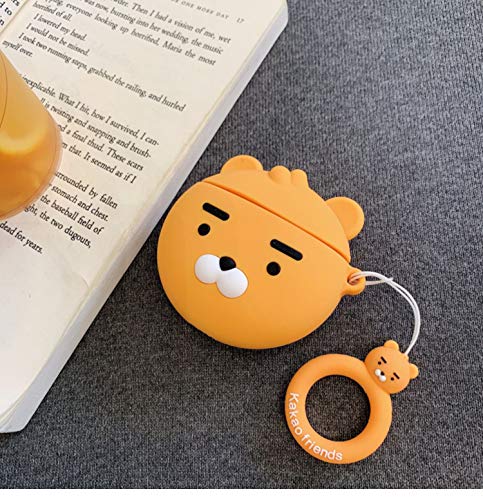 Thick Soft Silicone Lion Case with Finger Strap for Apple Airpods 1 2 Wireless Earbuds Yellow Ryan Head Protective Lovely Fun Girls Kids Son Men Guys Boys